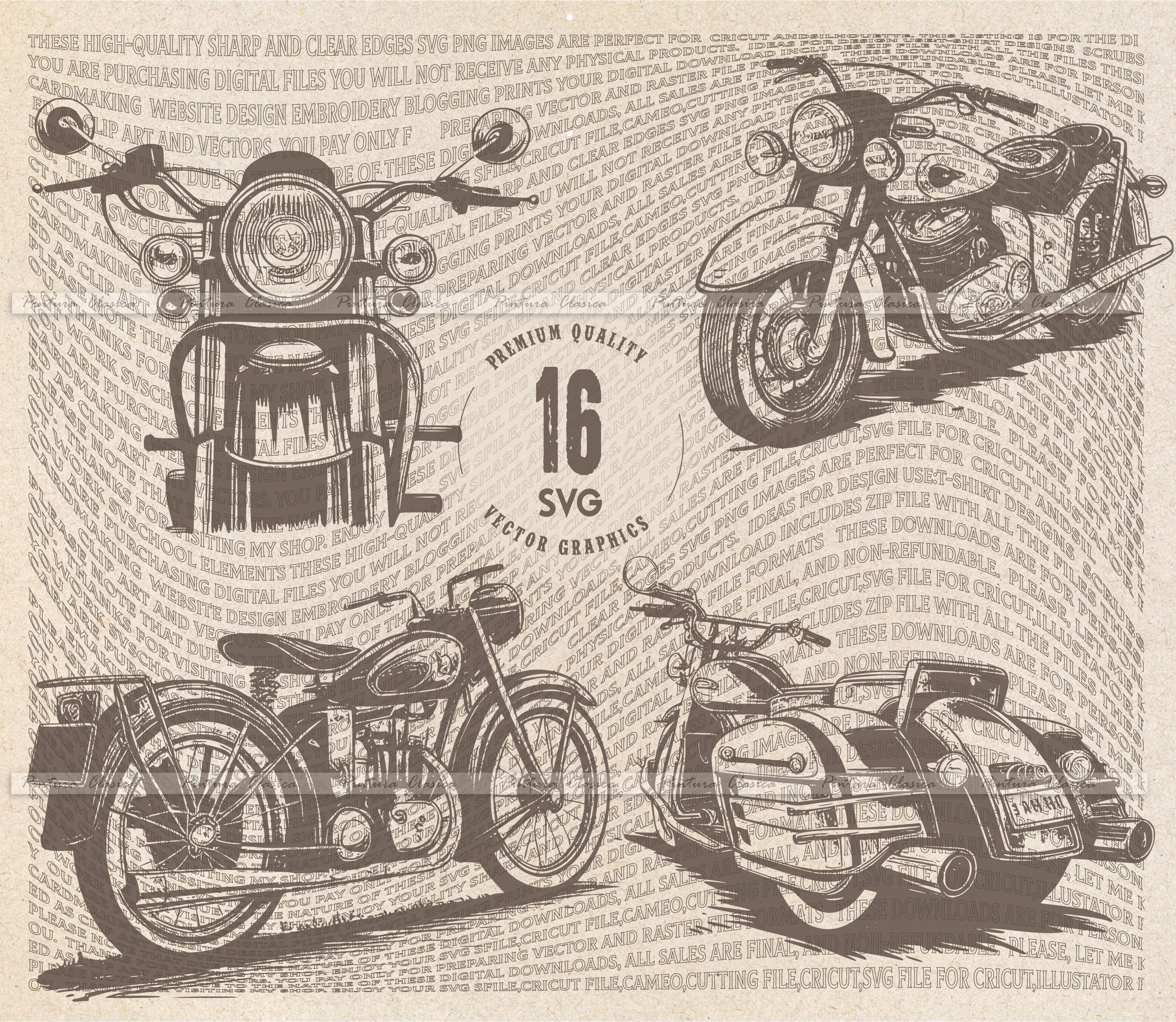 16' Vintage Motorcycle SVG-PNG Printable Design Transparent Background ...