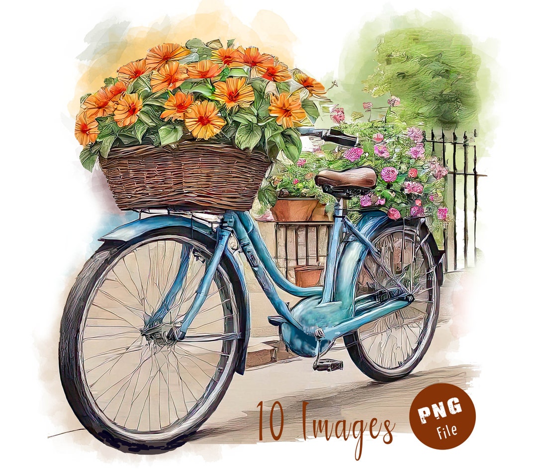 Bicycle Flower Basket Watercolor Clipart Printable Clipart Transparent ...