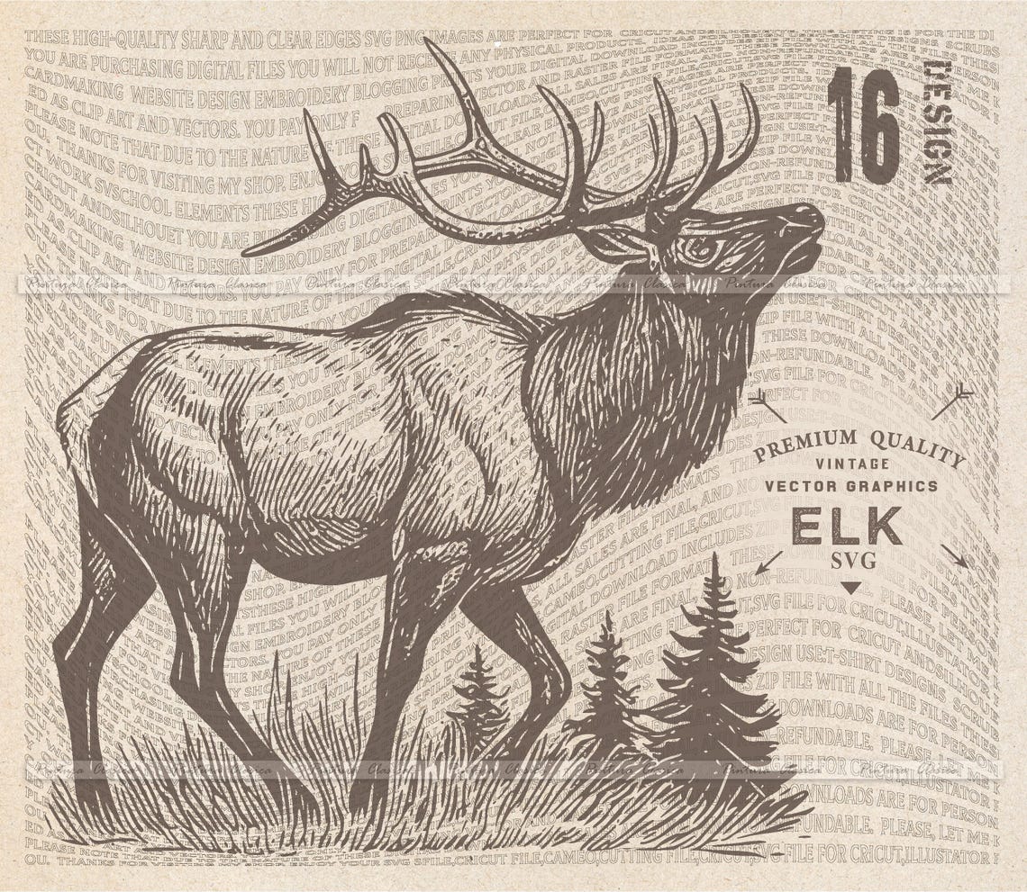 16' Elk Design | SVG-PNG Design | Elk Vintage Design | Transparent ...