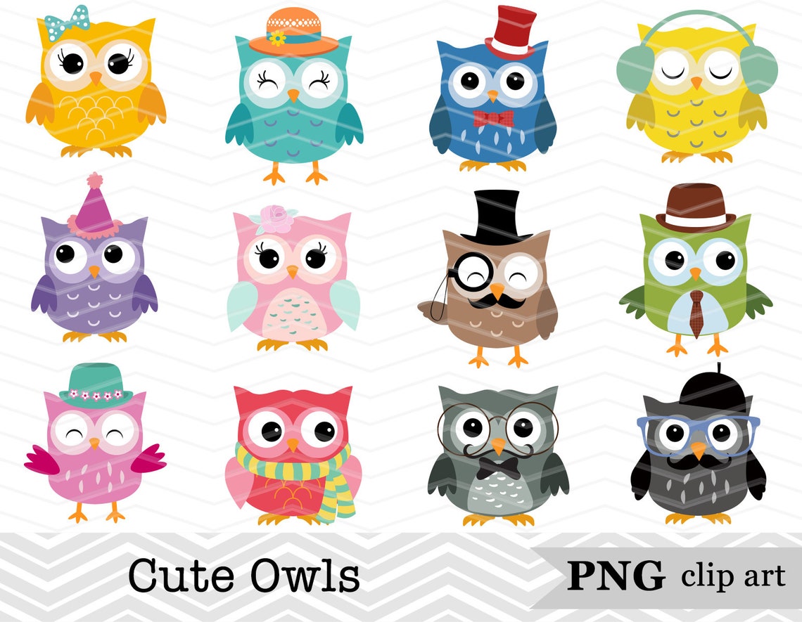 12 Digital Cute Owls Clip Art, Lovely Owls Clipart, Owl Scrapbook, Owl ...
