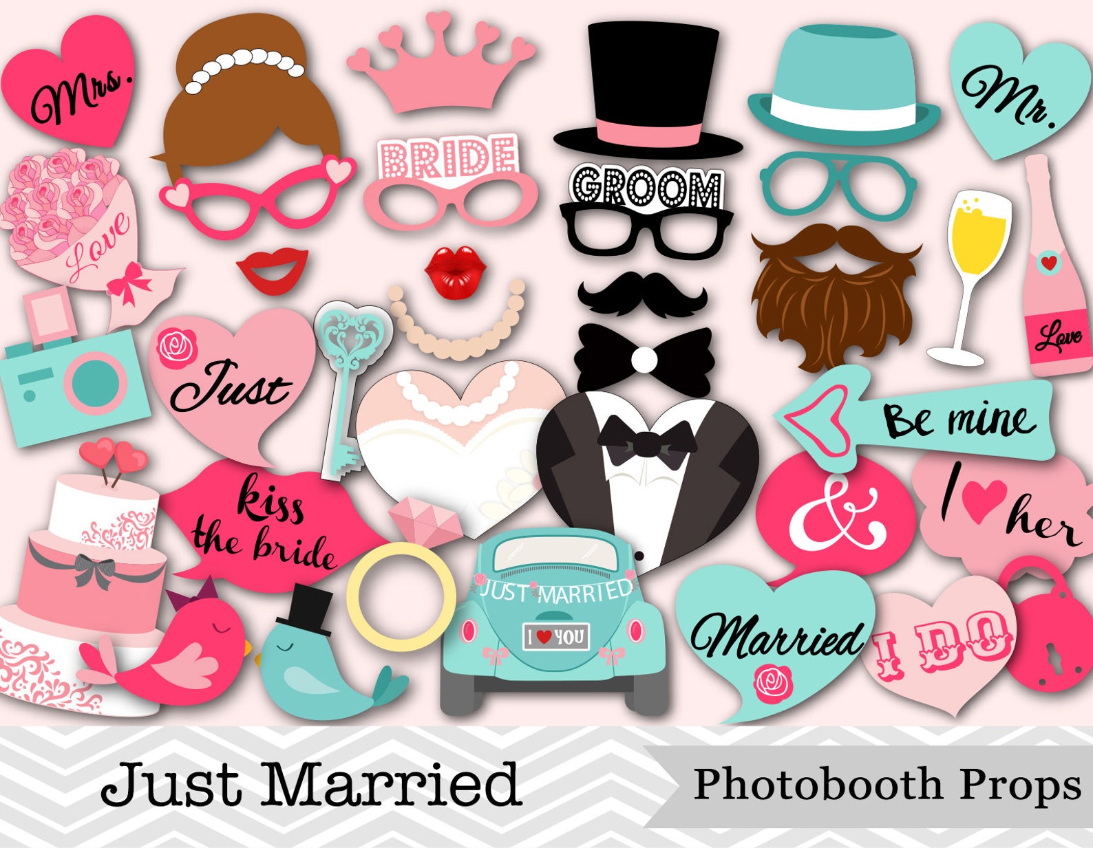 Printable Just Married Photo Booth Props, Wedding Party Photo Booth ...