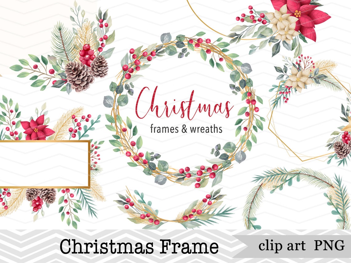 Christmas Frame Wreath Clipart, Watercolor Holiday Card Clipart ...