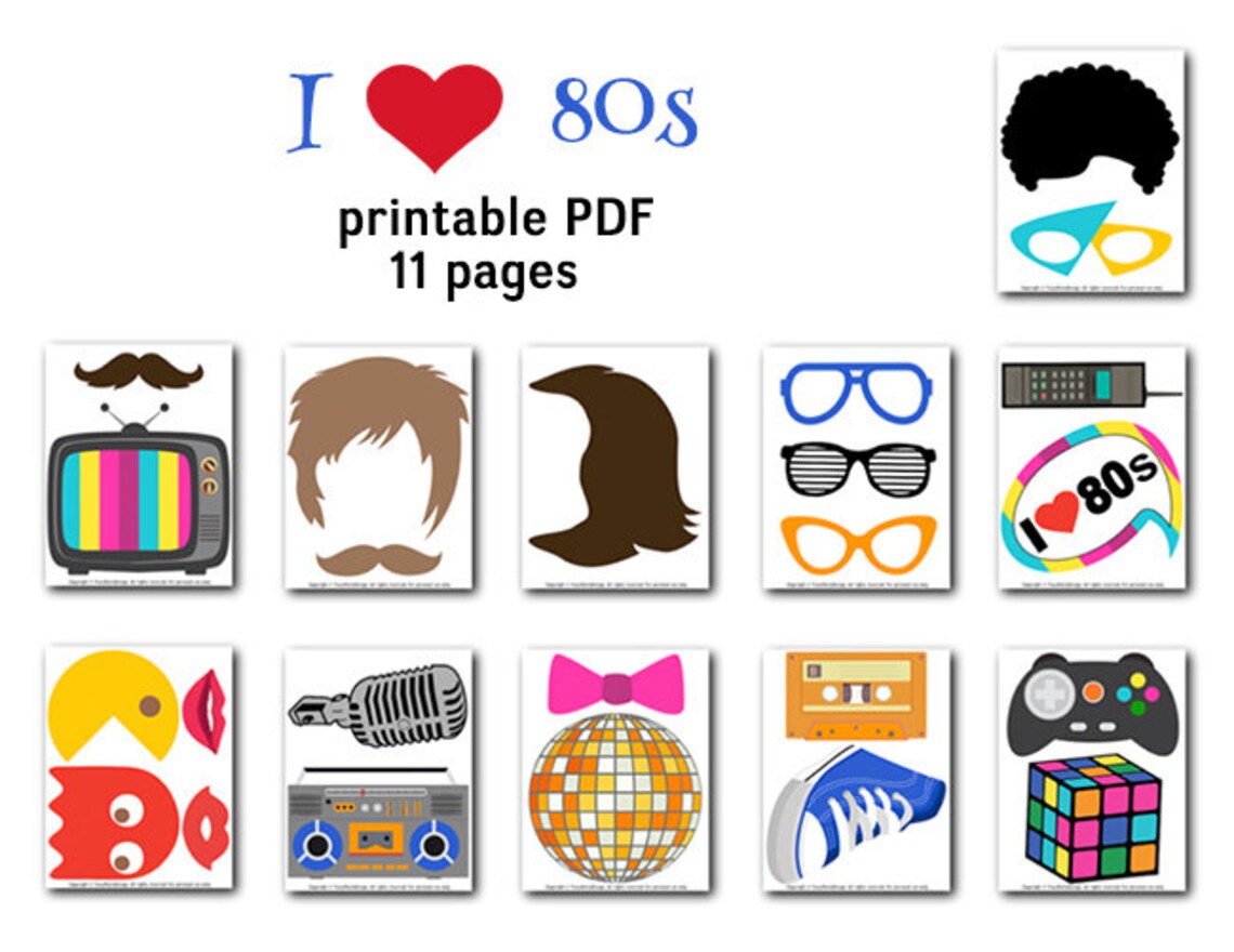 Printable 1980's Party Photo Booth Props, I Love 80s Photo Booth Props ...