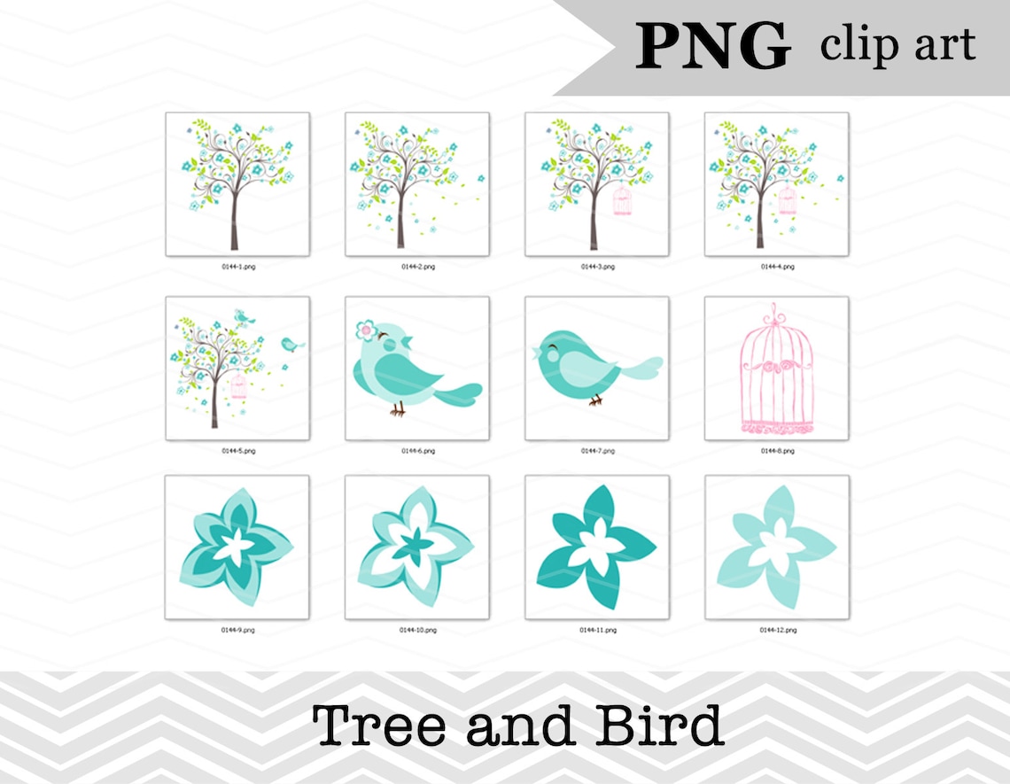 Digital Tree and Birds Clip Art, Wedding Birds Clipart, Blue and Green ...