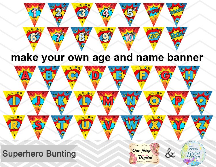 Printable Superhero Birthday Party Bunting Banner Flag, Make Your Own ...