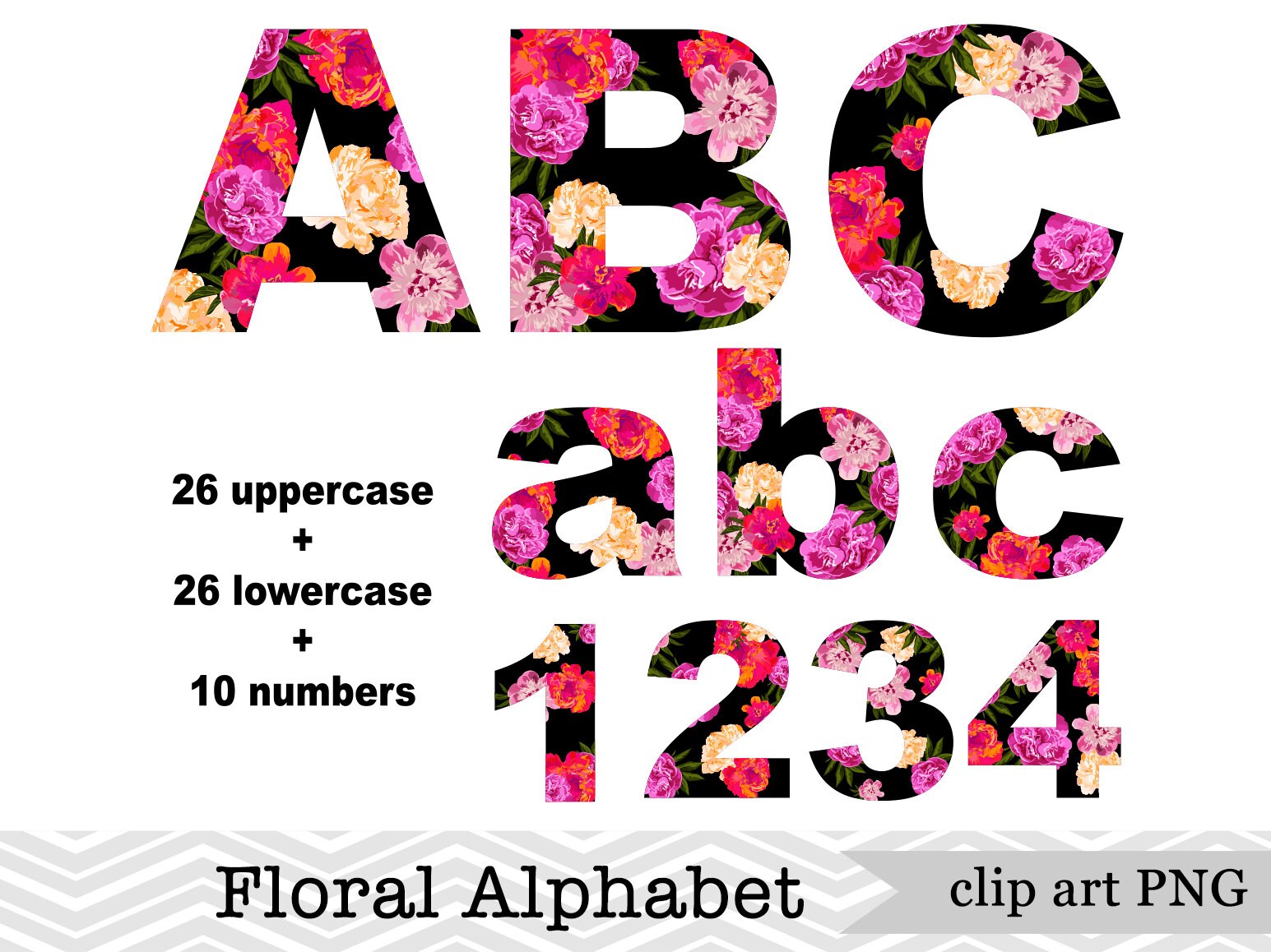 62 Black Floral Alphabet Clip Art Digital Flower Alphabet - Etsy