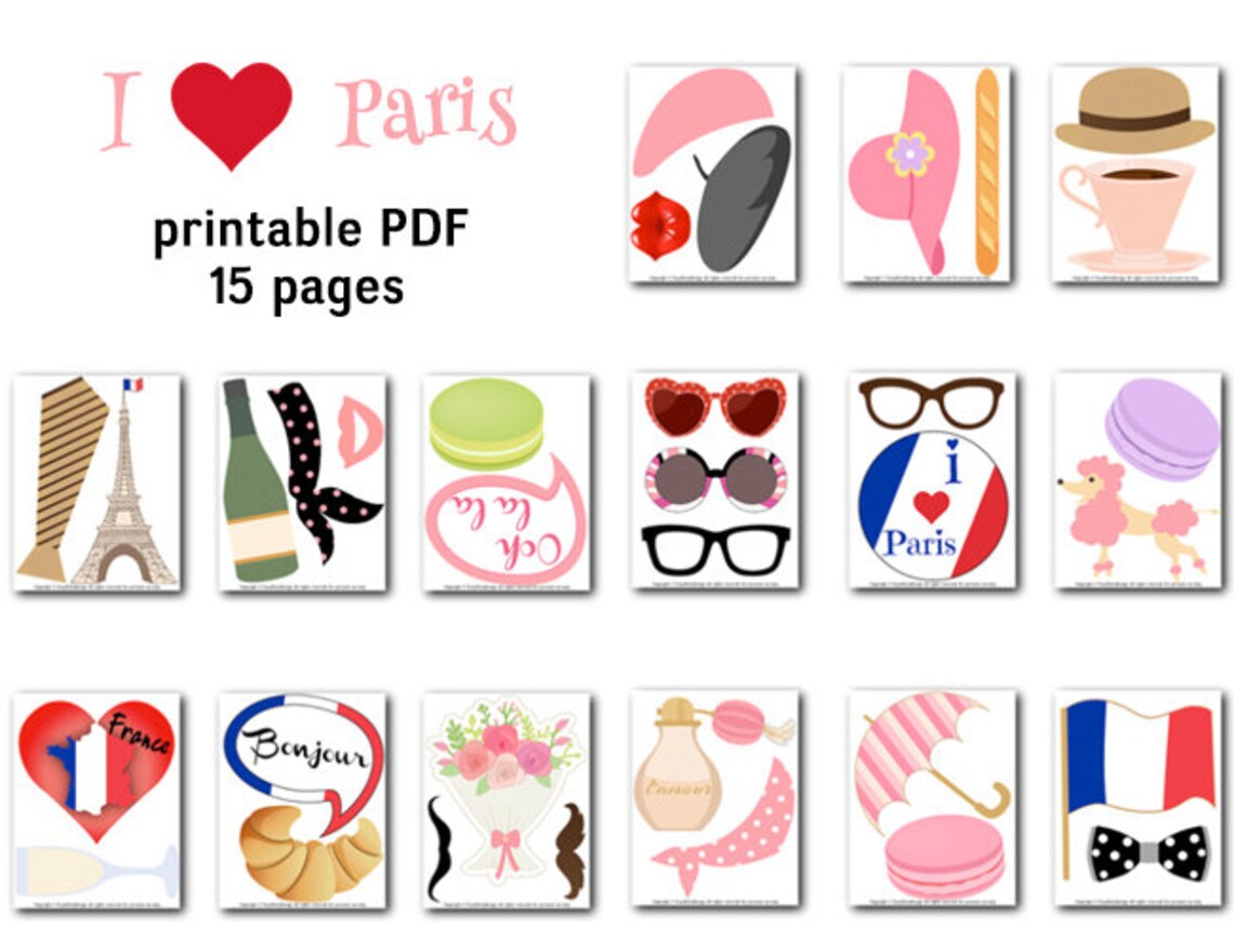 Printable I Love Paris Party Photo Booth Props, French Party Photo ...