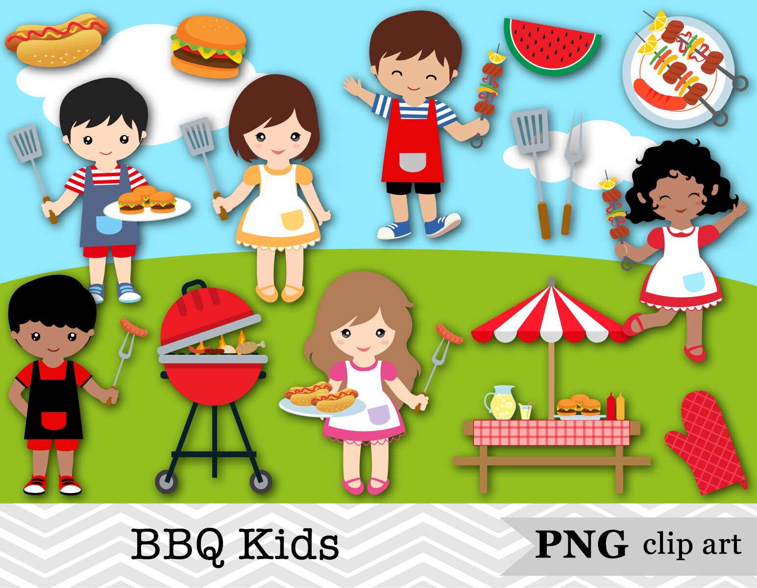55 BBQ Party Boys Girls Clip Art, Summer Barbecue Kids Clipart, Girl ...