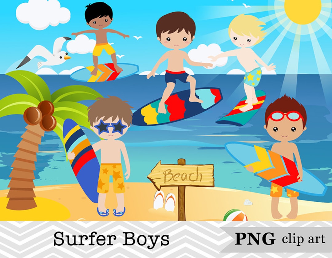 35 Surfer Boys Clip Art, Summer Vacation Clipart, Boy Surfing Clipart ...