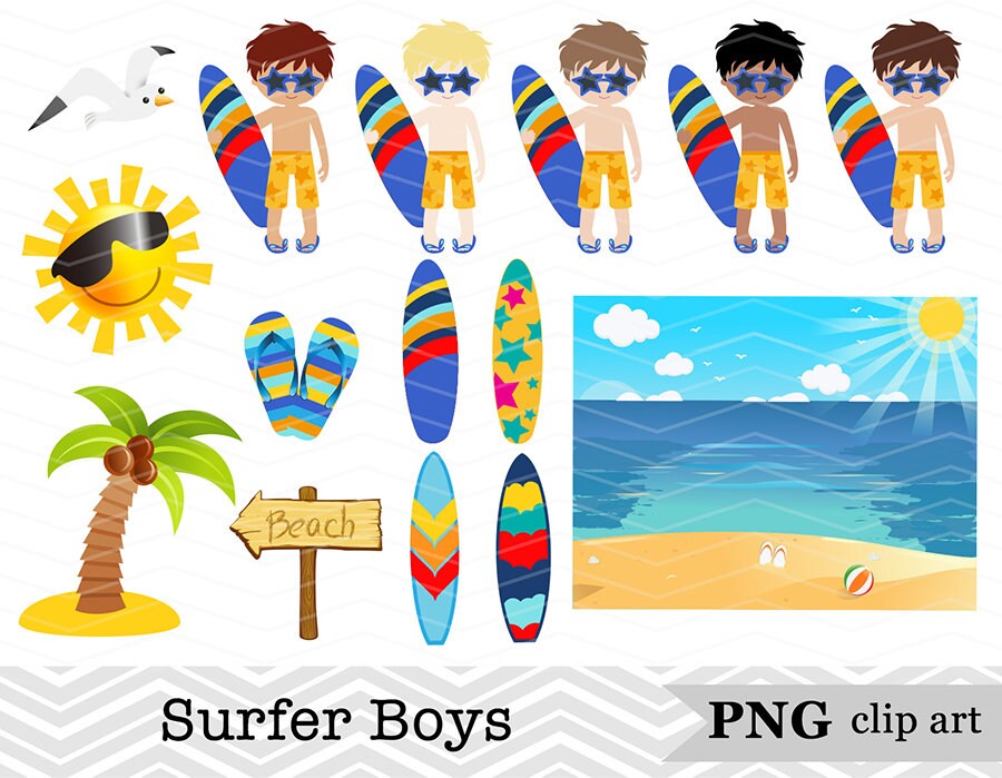 35 Surfer Boys Clip Art, Summer Vacation Clipart, Boy Surfing Clipart ...
