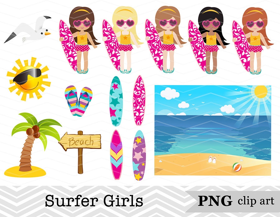 35 Surfer Girls Clip Art, Summer Vacation Clipart, Girl Surfing Clipart ...