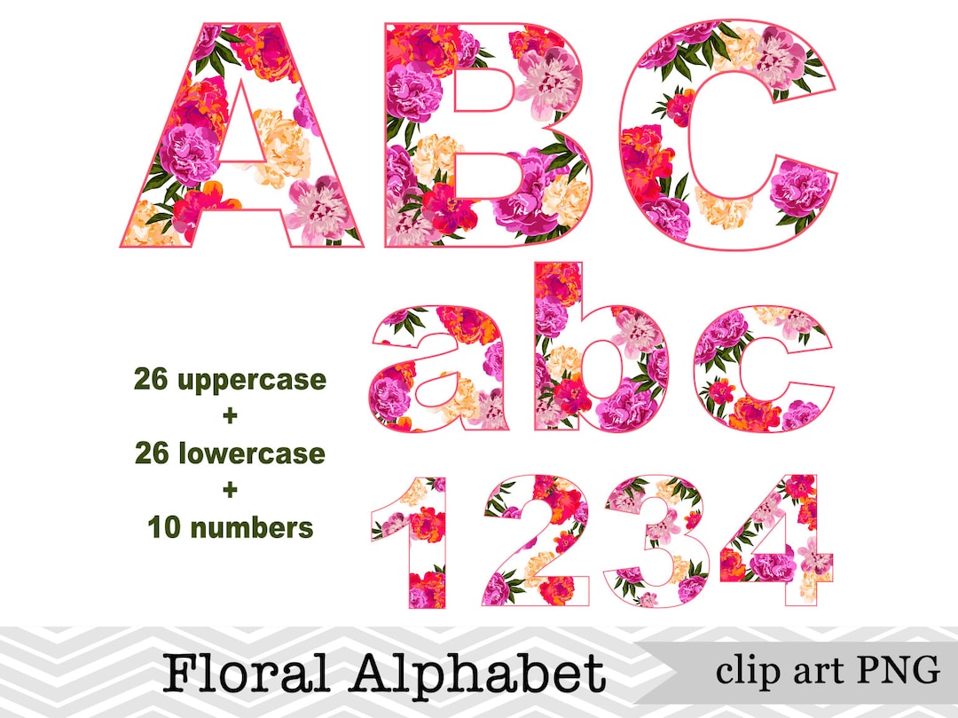 62 Pink Floral Alphabet Clip Art, Digital Flower Alphabet Clipart ...