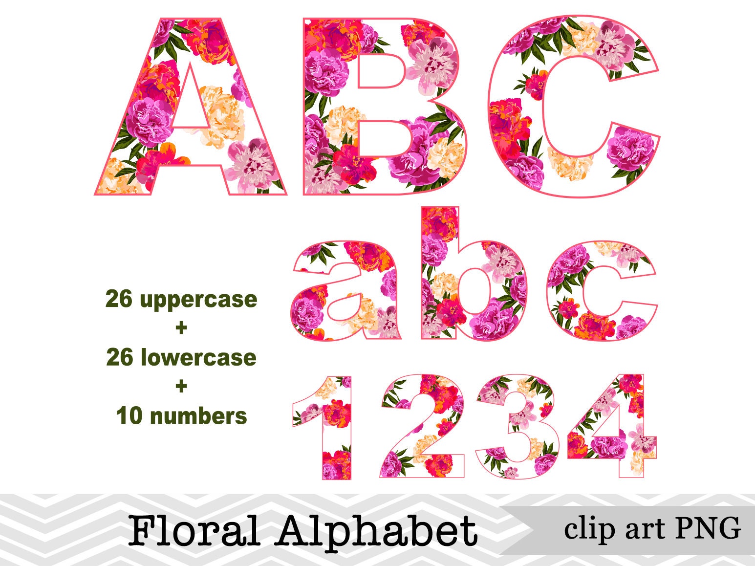 62 Pink Floral Alphabet Clip Art Digital Flower Alphabet - Etsy
