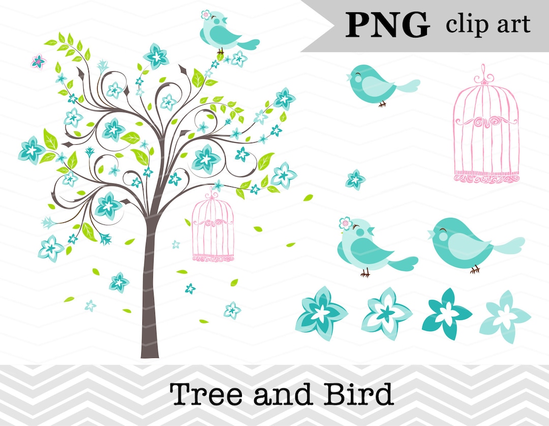 Digital Tree and Birds Clip Art, Wedding Birds Clipart, Blue and Green ...