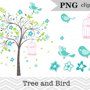 Digital Tree and Birds Clip Art, Wedding Birds Clipart, Blue and Green ...