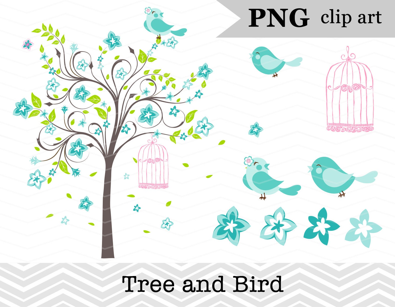 Digital Tree and Birds Clip Art, Wedding Birds Clipart, Blue and Green ...
