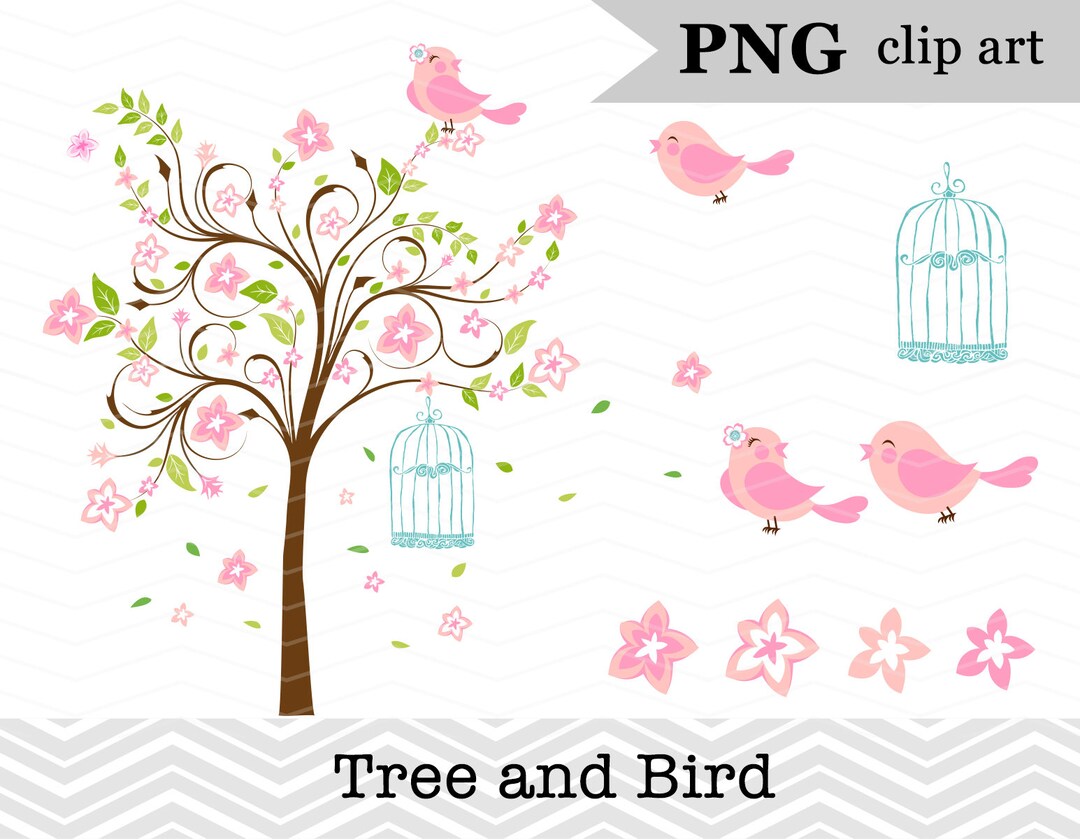 Digital Tree and Birds Clip Art, Wedding Birds Clipart, Pink and Green ...