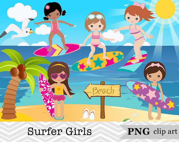 Surfing Clipart, Surf Girl Clipart, Summer Vacation Clipart, Beach ...