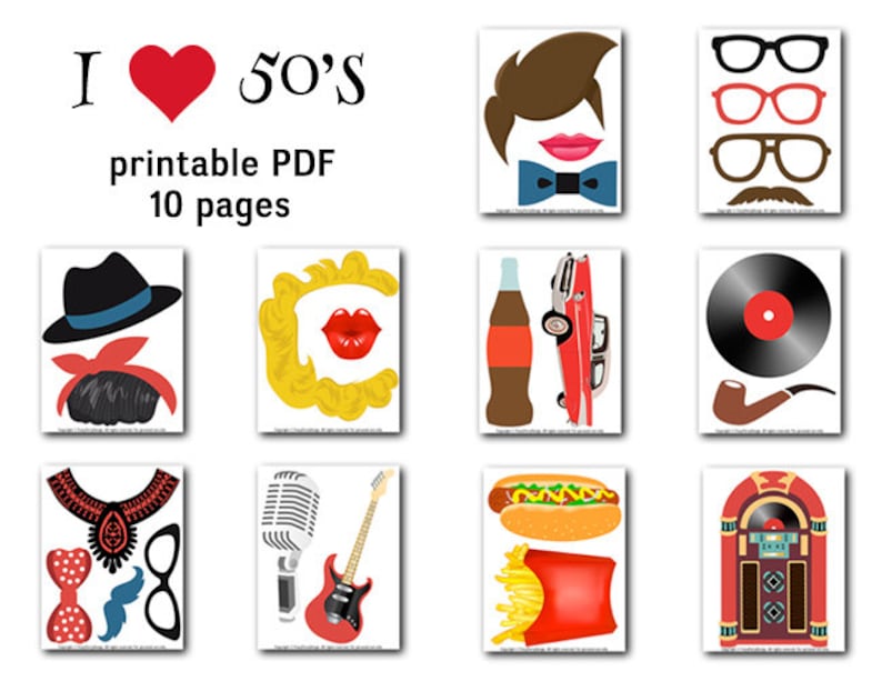 Printable 1950's Party Photo Booth Props, I Love 50s Photo Booth Props ...