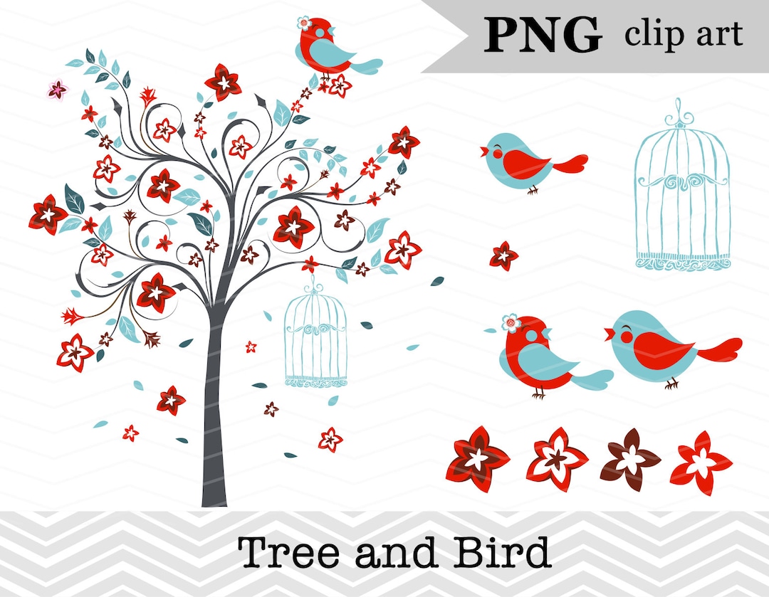 Digital Tree and Birds Clip Art, Wedding Birds Clipart, Blue and Red ...