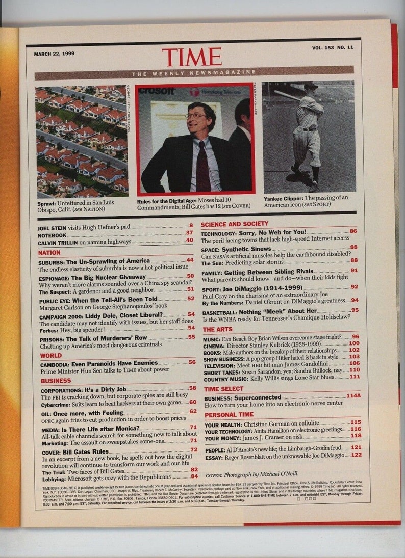 Time Magazine Mar 1999 Bill Gates Microsoft Hugh Hefner Dimaggio ...