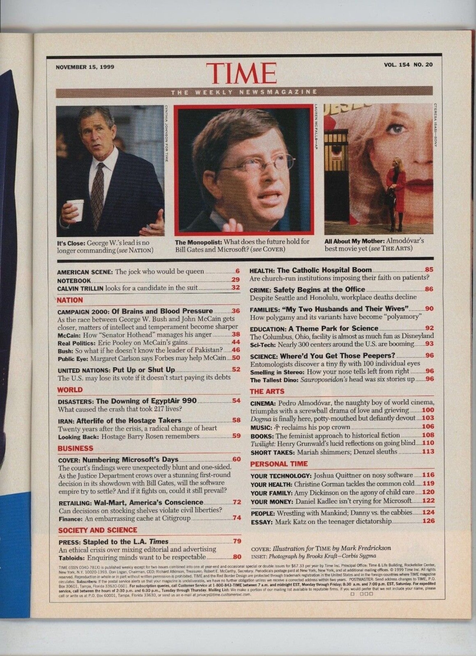 Time Magazine Nov 1999 Bill Gates Microsoft Mccain Bush Iran Almodovar ...