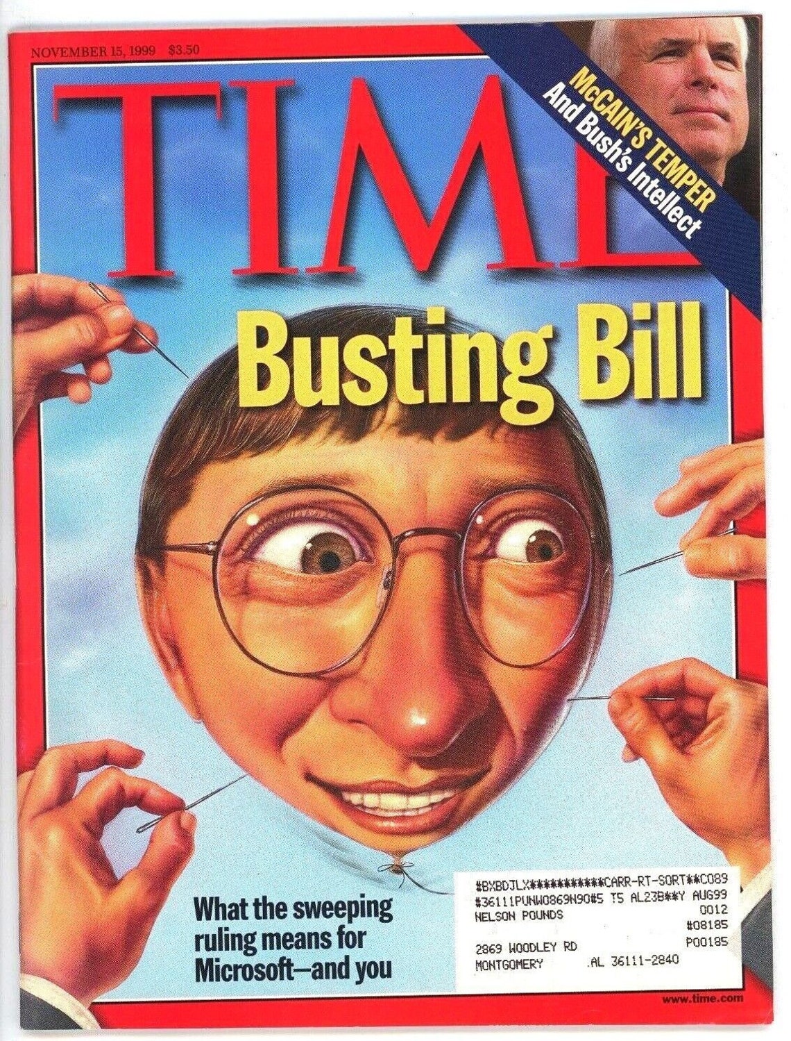 Time Magazine Nov 1999 Bill Gates Microsoft Mccain Bush Iran Almodovar ...
