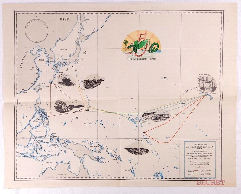1945 WW2 Secret Intelligence Battle Map Fifth V Amphibious Force ...