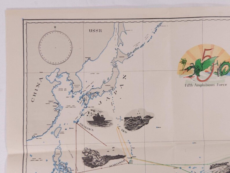 1945 WW2 Secret Intelligence Battle Map Fifth V Amphibious Force ...