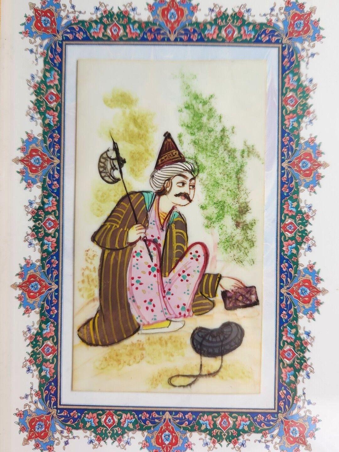 Vintage Mughal Persian Miniature Painting Inlaid Framed Muslim Warrior ...