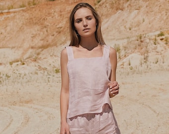 Linen Top Tie Back, Open Back Linen Top for Women, Linen Blouse, Square ...