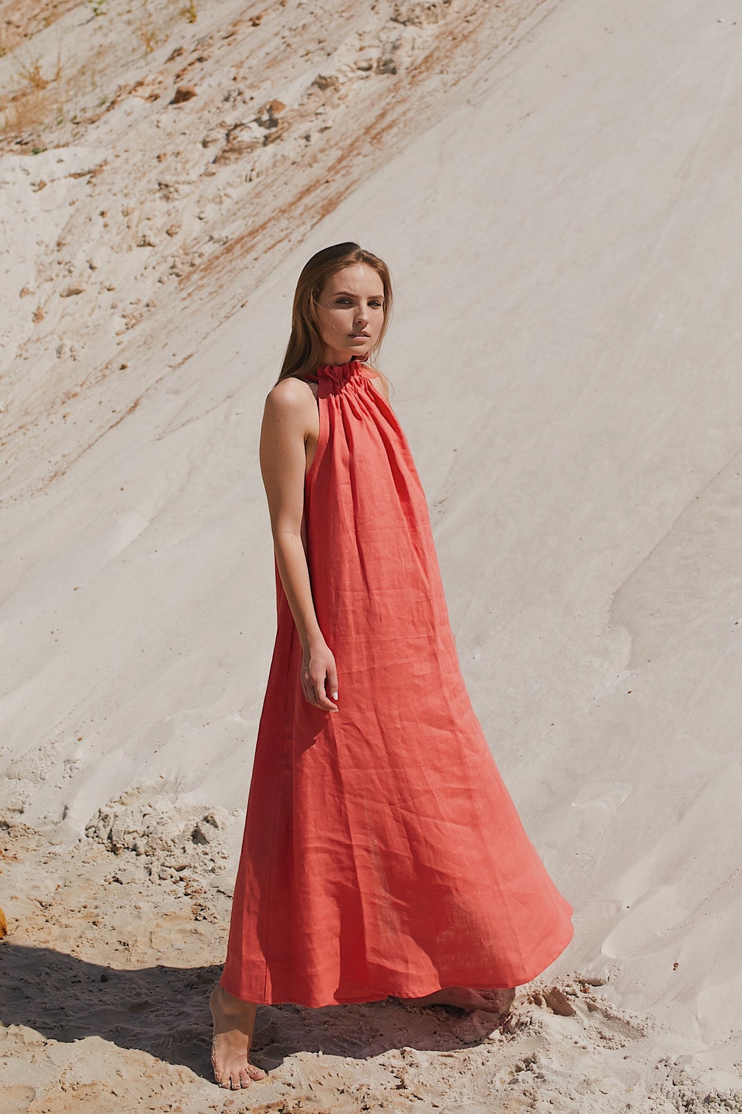 Coral Linen Halter Dress, Linen Maxi Dress, Loose Linen Dress, Linen ...