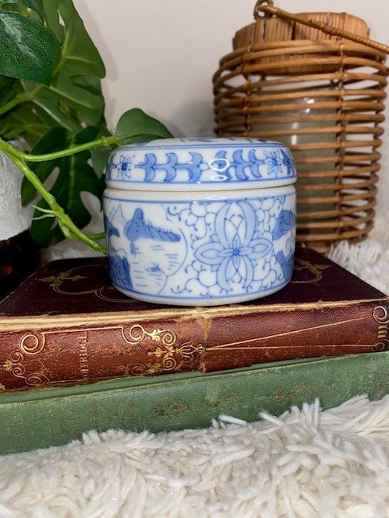 Chinoiserie Blue Lotus Landscape Ink Box / Trinket Box / Blue and White ...