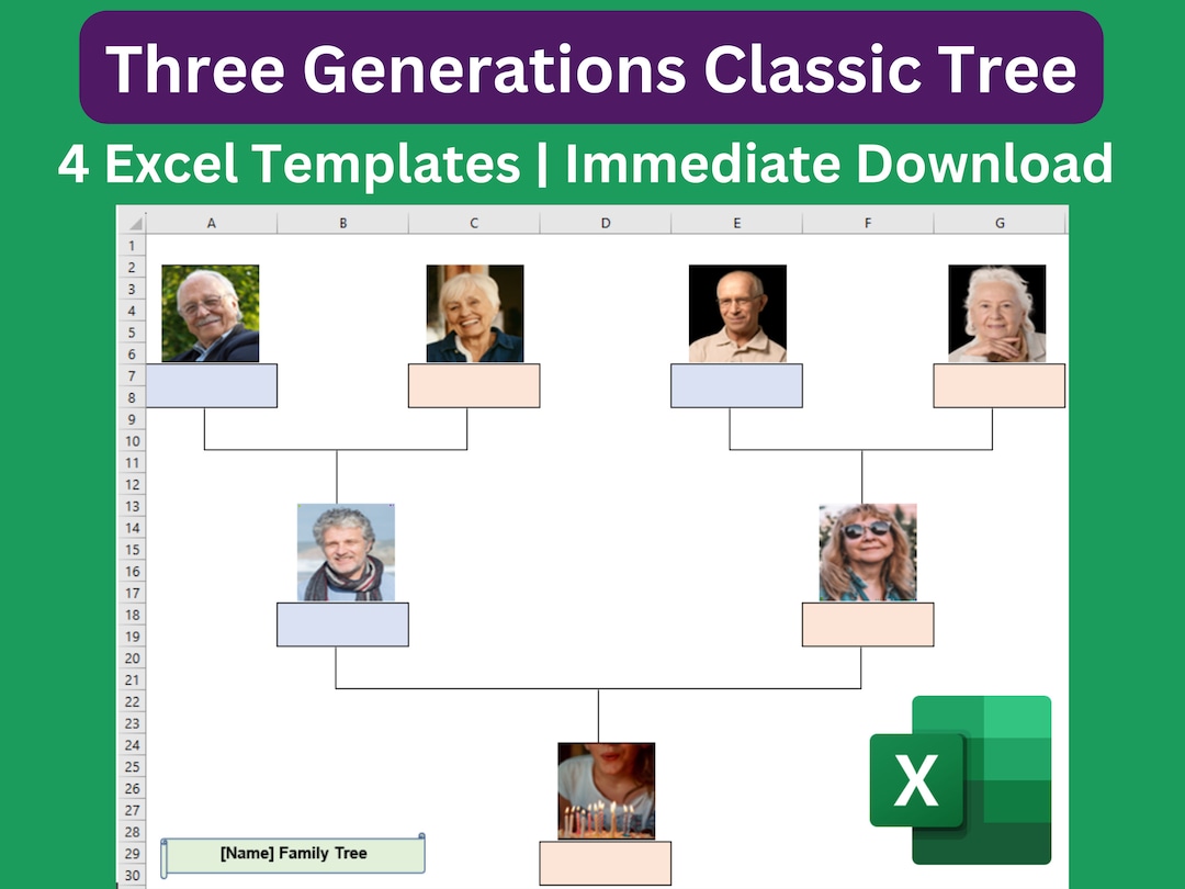 3 Generation Classic Family Tree Excel Spreadsheets four - Etsy