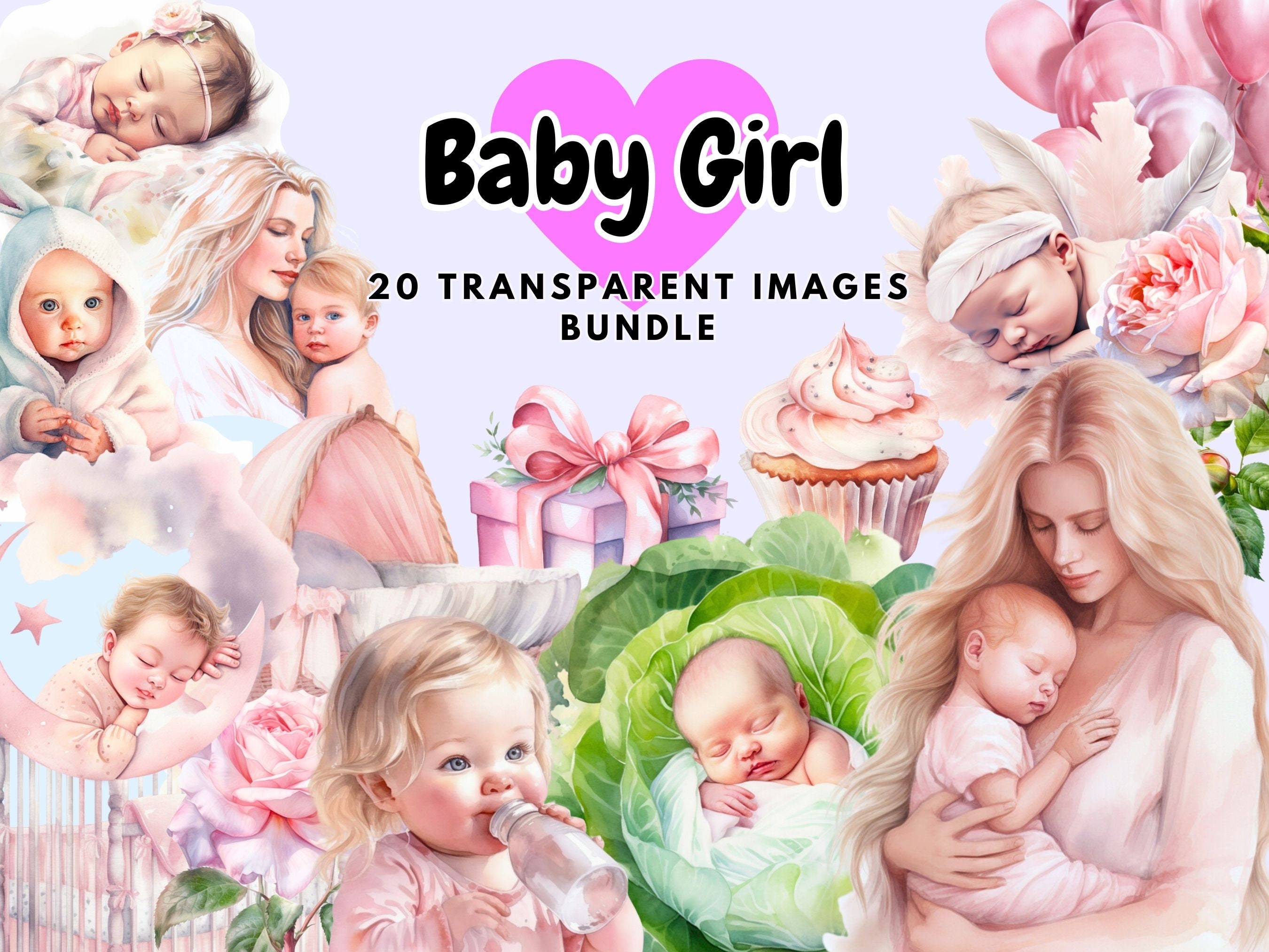 20 Watercolor Baby Shower Clipart, Baby Girl Bundle Digital Clip Art ...