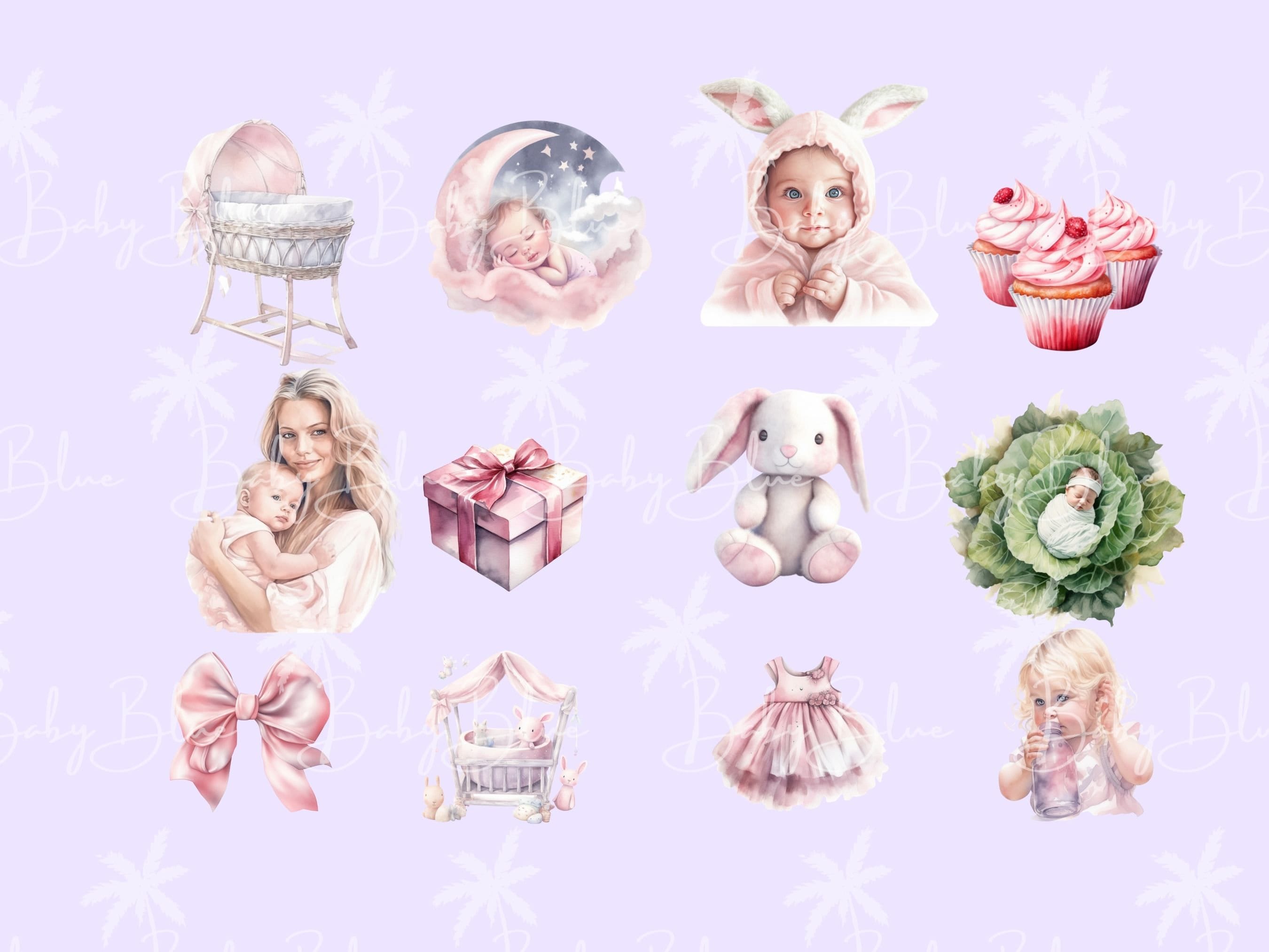 20 Watercolor Baby Shower Clipart, Baby Girl Bundle Digital Clip Art ...