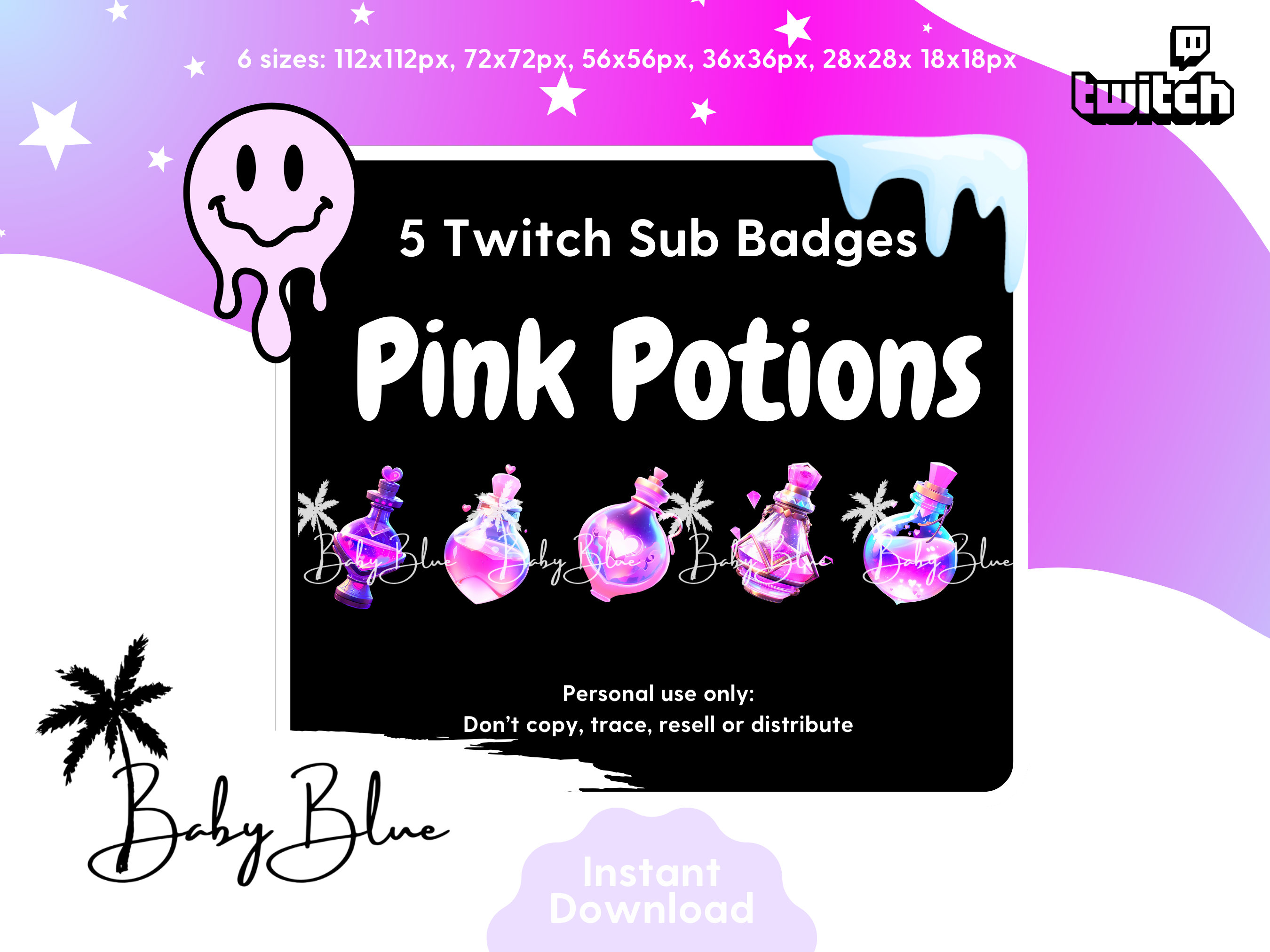 Pink Potions Icons, Twitch Badges, Emotes, Cute Kawaii Magical Bottles ...