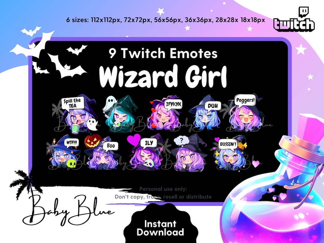 Halloween-styled Wizard Girl Twitch Emotes Set: Magical & Mystical Vibe ...