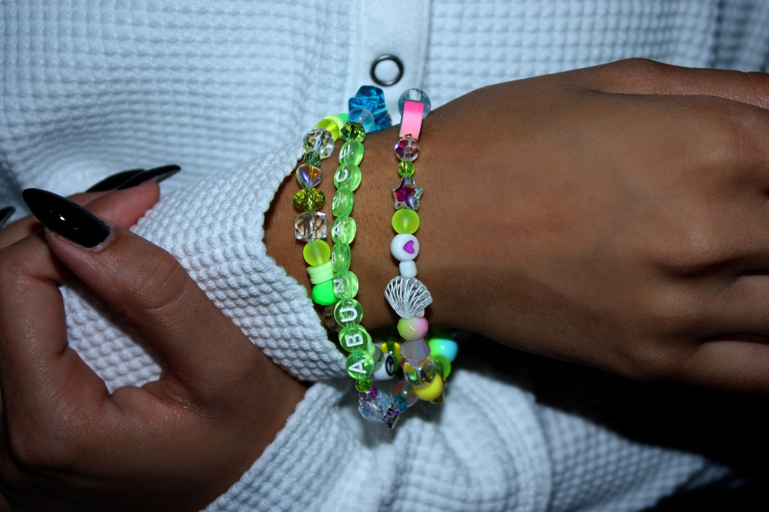 Kandi Customizable Name Abundance Bracelets Set of 3 Neon Green Vibes ...