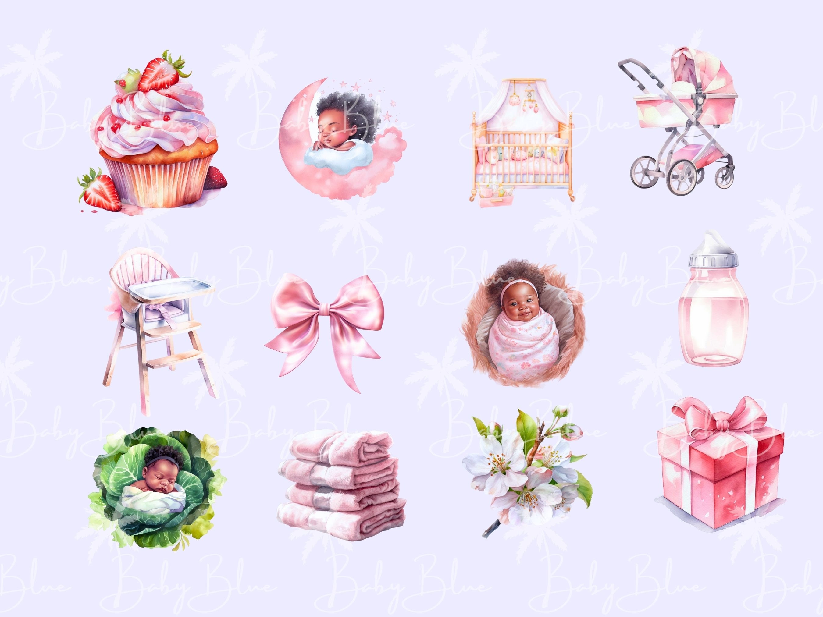 20 Watercolor Baby Shower Clipart, Black Baby Girl Bundle Digital Clip ...