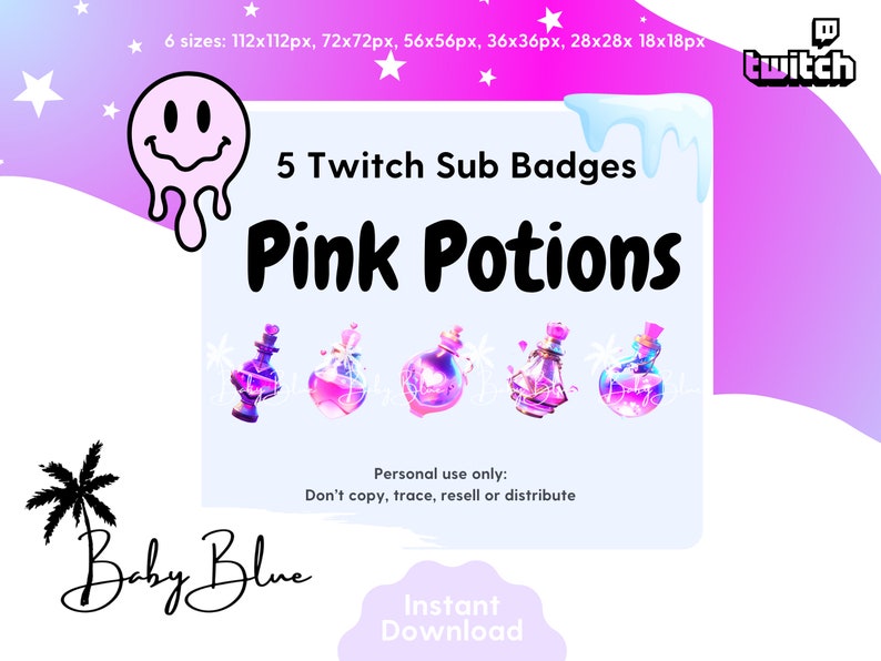 Pink Potions Icons, Twitch Badges, Emotes, Cute Kawaii Magical Bottles ...