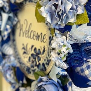 Charming Chinoiserie Welcome Wreath, Vibrant Blue and White Welcome ...