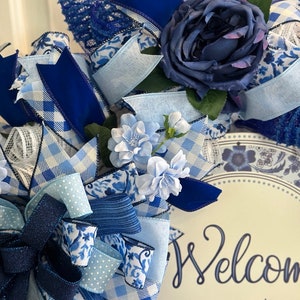Charming Chinoiserie Welcome Wreath, Vibrant Blue and White Welcome ...