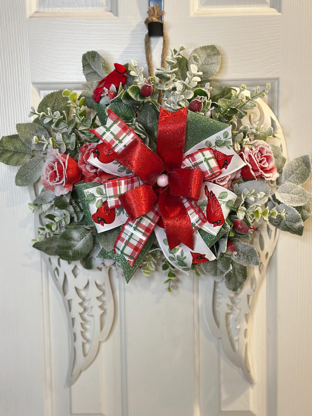 Angel Wing Cardinal Wreath, Holiday Front Door Decor, Cardinal Decor ...