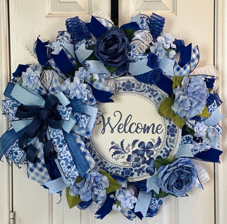 Charming Chinoiserie Welcome Wreath, Vibrant Blue and White Welcome ...