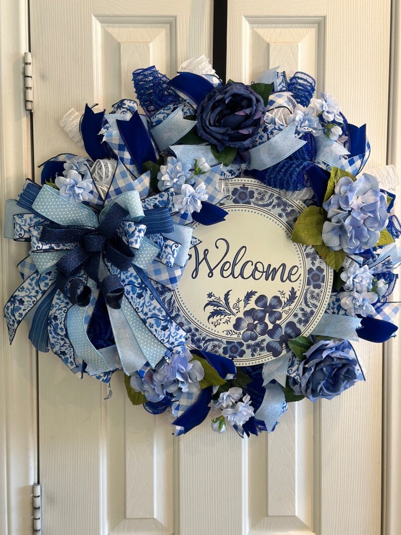 Charming Chinoiserie Welcome Wreath, Vibrant Blue and White Welcome ...