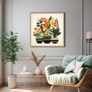 Boho Floral Art Print, Green Yellow Orange Red Botanical Poster, Plant ...