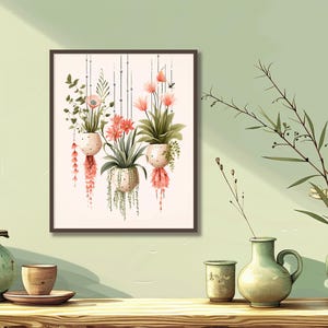 Hanging Pots, Boho Inspired Botanicals, Pink & Green, Home Office Decor ...