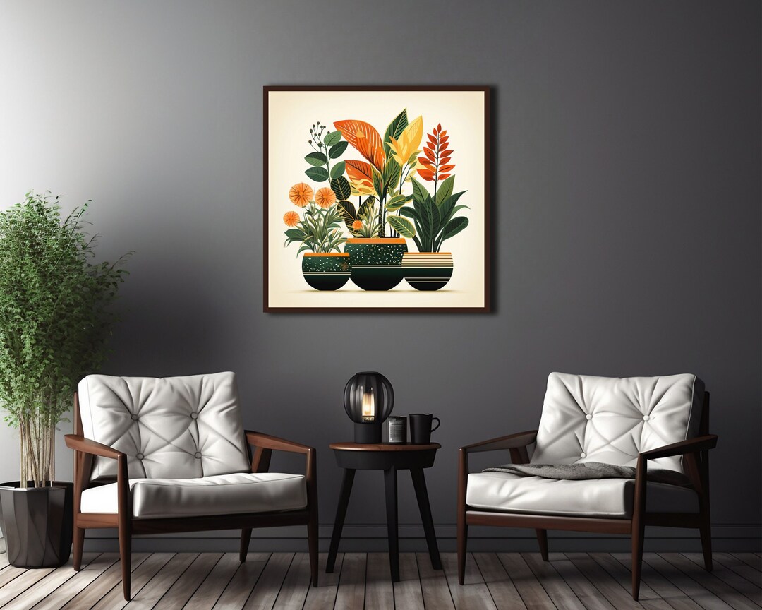 Boho Floral Art Print, Green Yellow Orange Red Botanical Poster, Plant ...