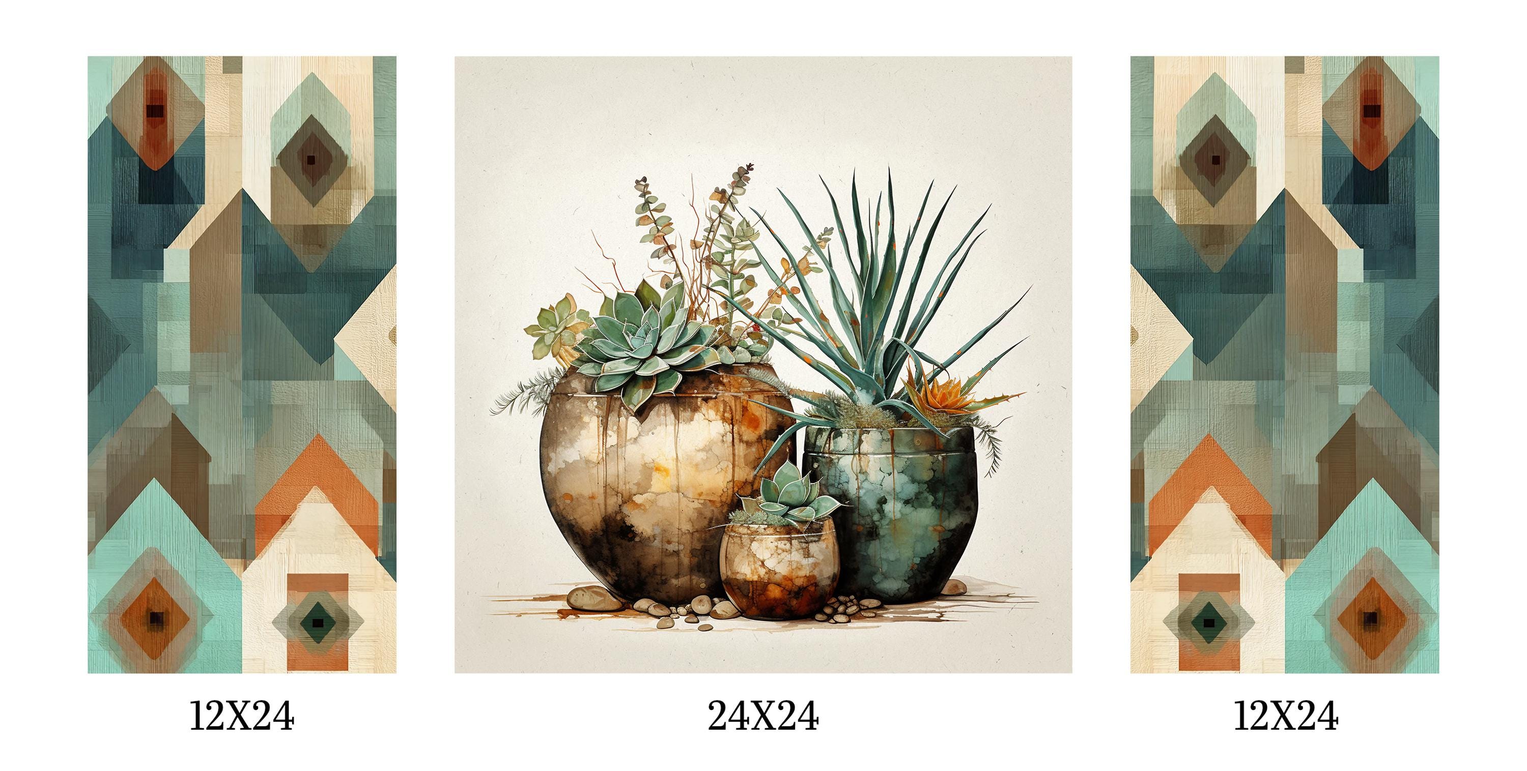 3 Piece Wall Art Set – Succulent Plant Print With Geometric Abstract ...